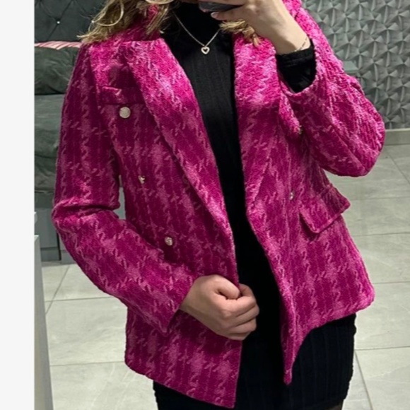 Jackets & Coats | Classic Hot Pink Button Plaid Tweed Blazer Jacket ...